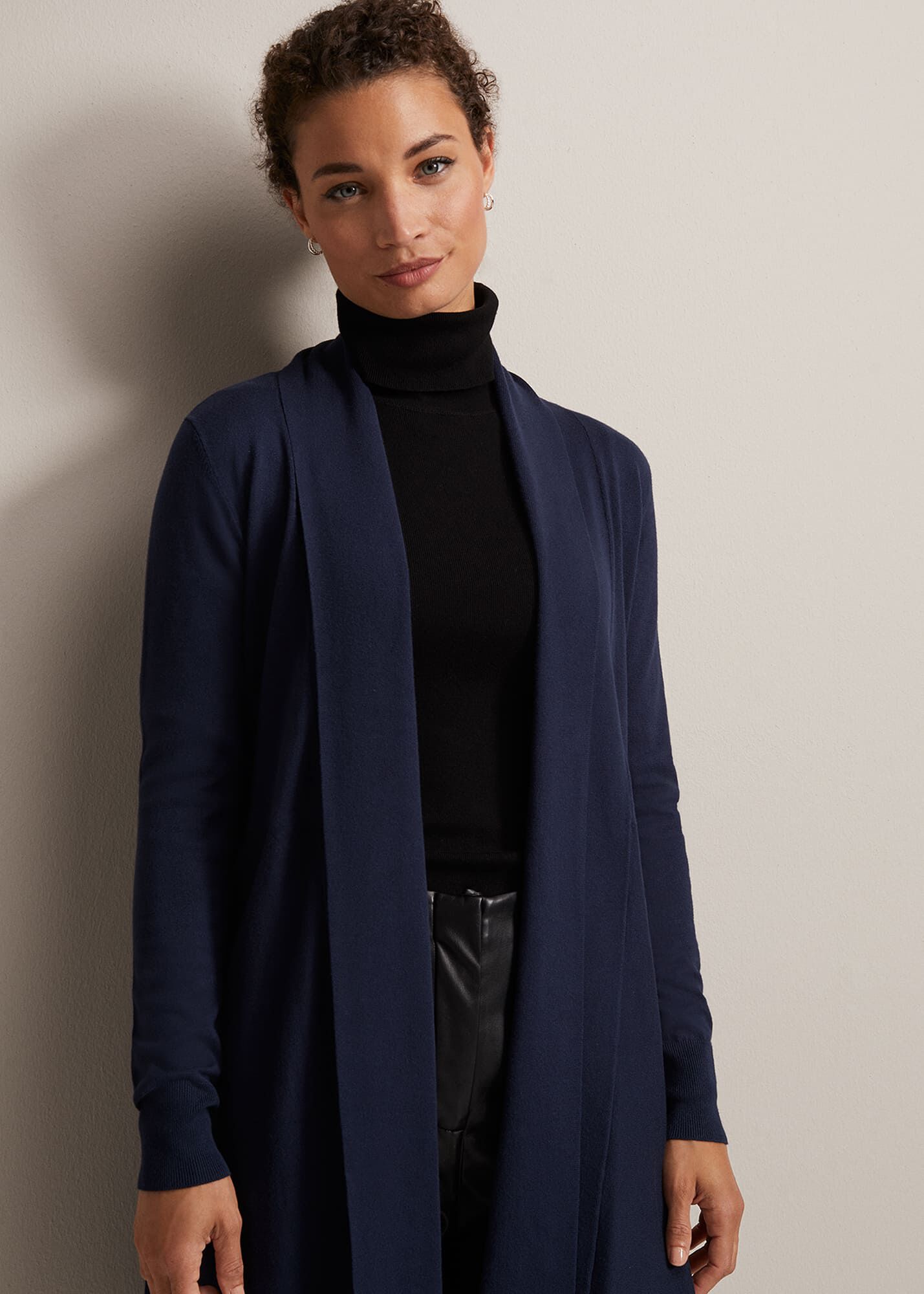 Navy Long Cardigan with Ribbed Shawl Neck & Long Sleeves | Phase Eight ...
