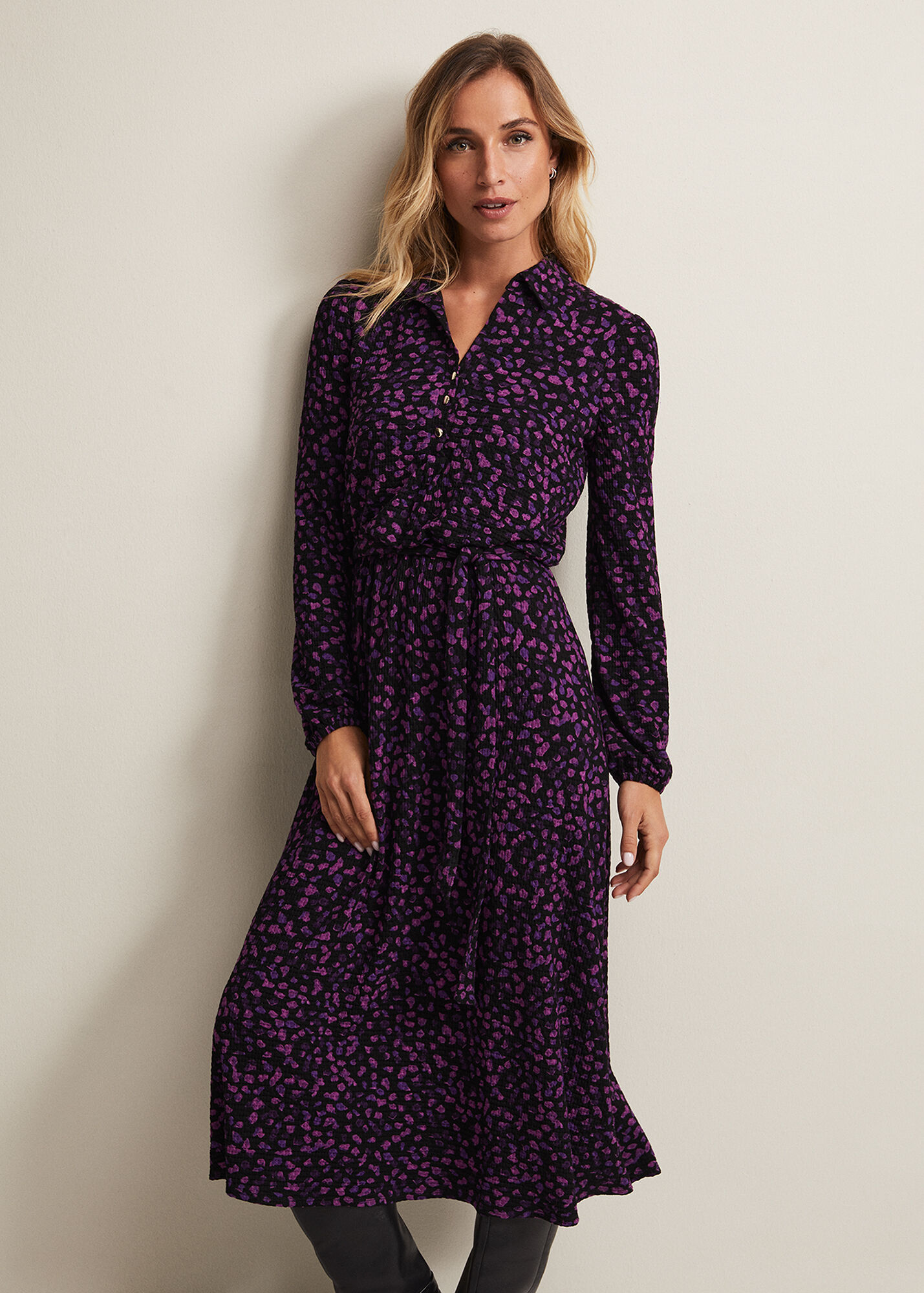 Purple Floral Button Up Midi Dress With Long Sleeves | Phase Eight ...