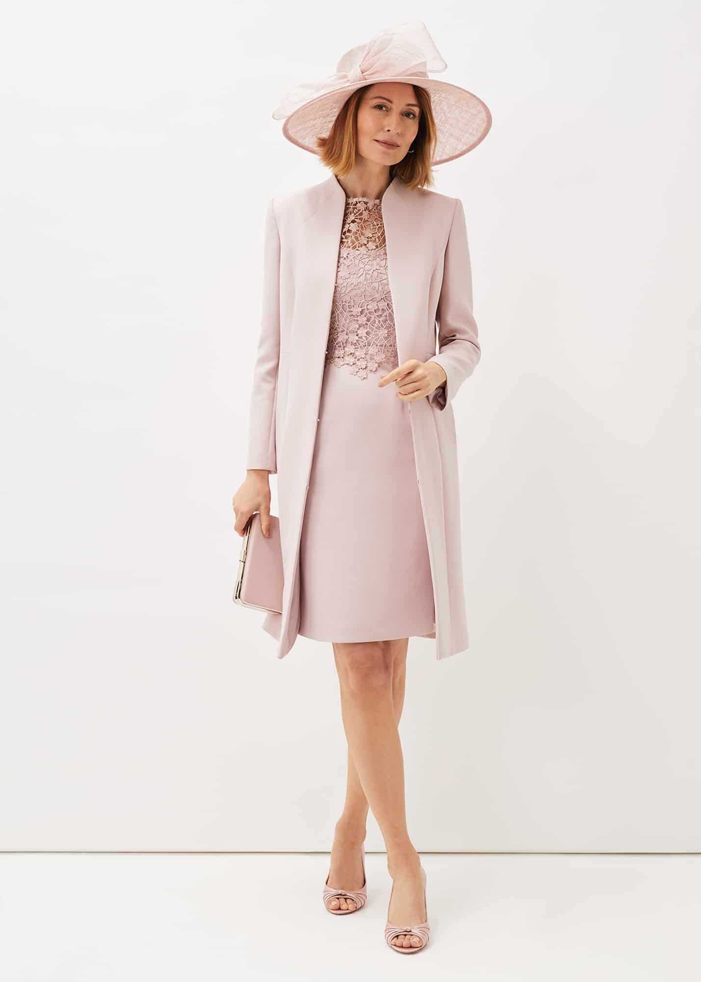 Tweed Pastel Frock Coat Matching Silk Shift Dress for Wedding